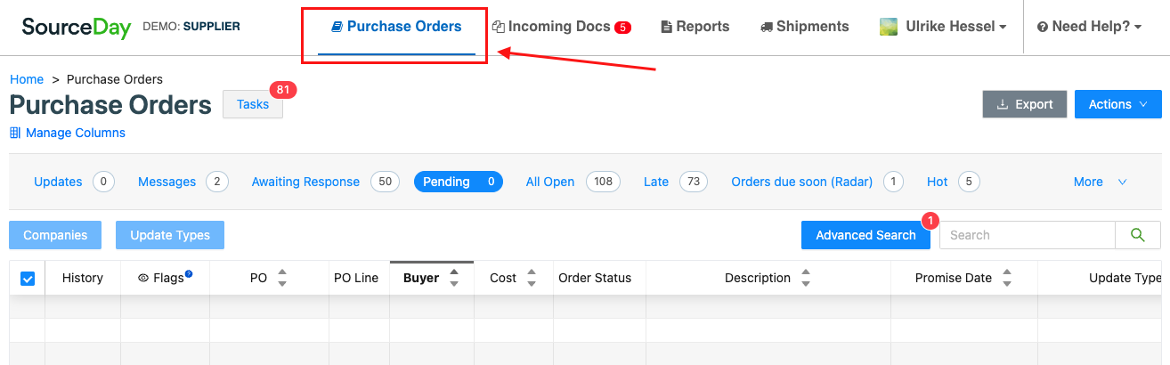 Purchase order dashboard organization – SourceDay