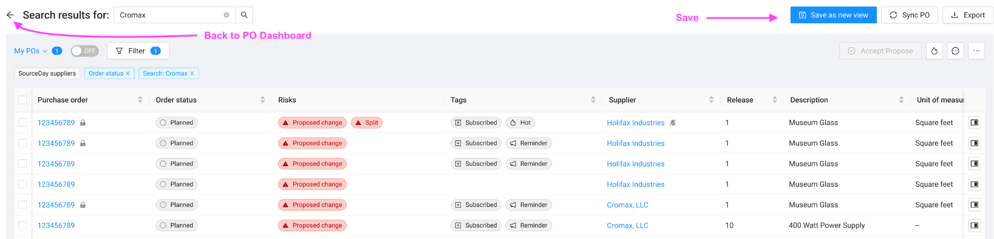 Search features on the PO Dashboard – SourceDay